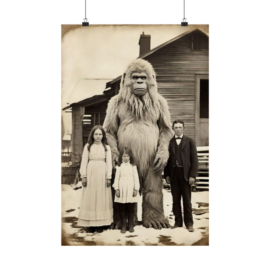 Poster Snow Yeti Monster With Family in 1800s Photo, Funny Abominable ...