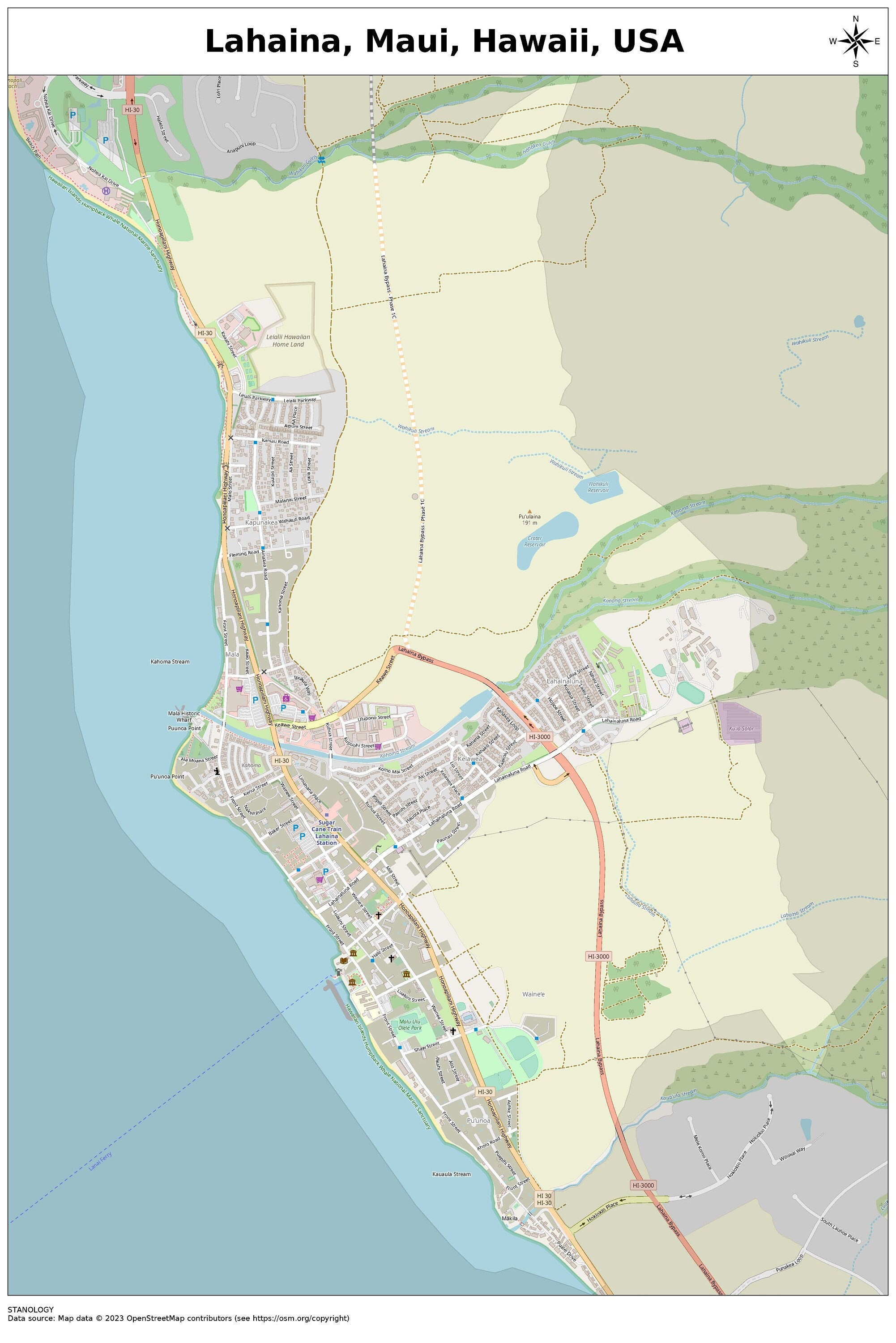 Lahaina, Maui, Hawaii Map With STREET LABELS, Digital Print Poster ...