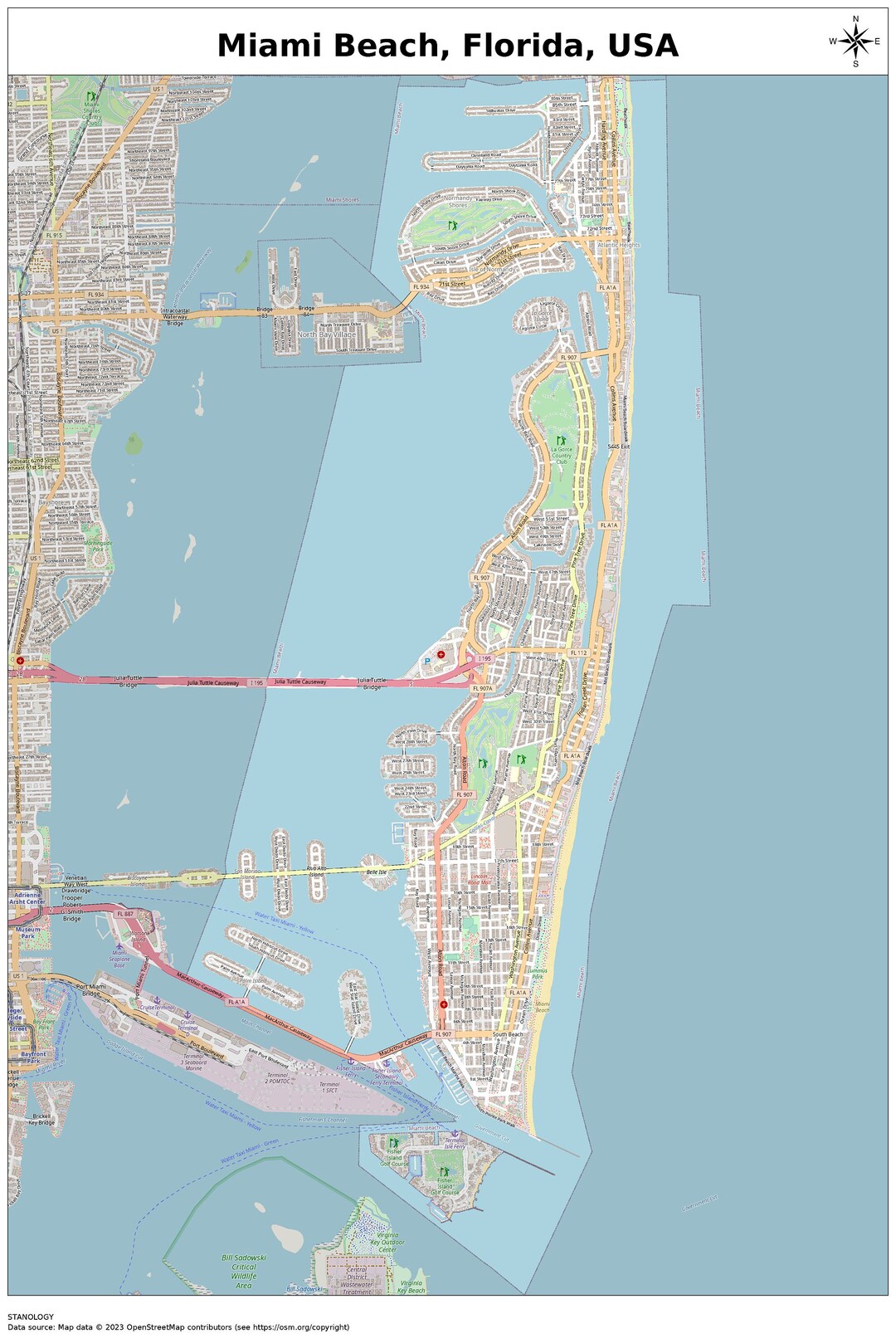 Miami Beach Florida Map With STREET LABELS, Digital Print Poster, Printable Map, City Street ...