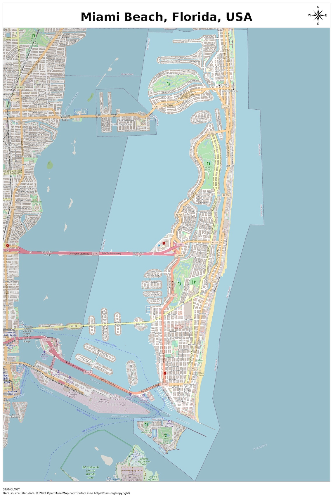 Miami Beach Florida Map With STREET LABELS, Digital Print Poster ...