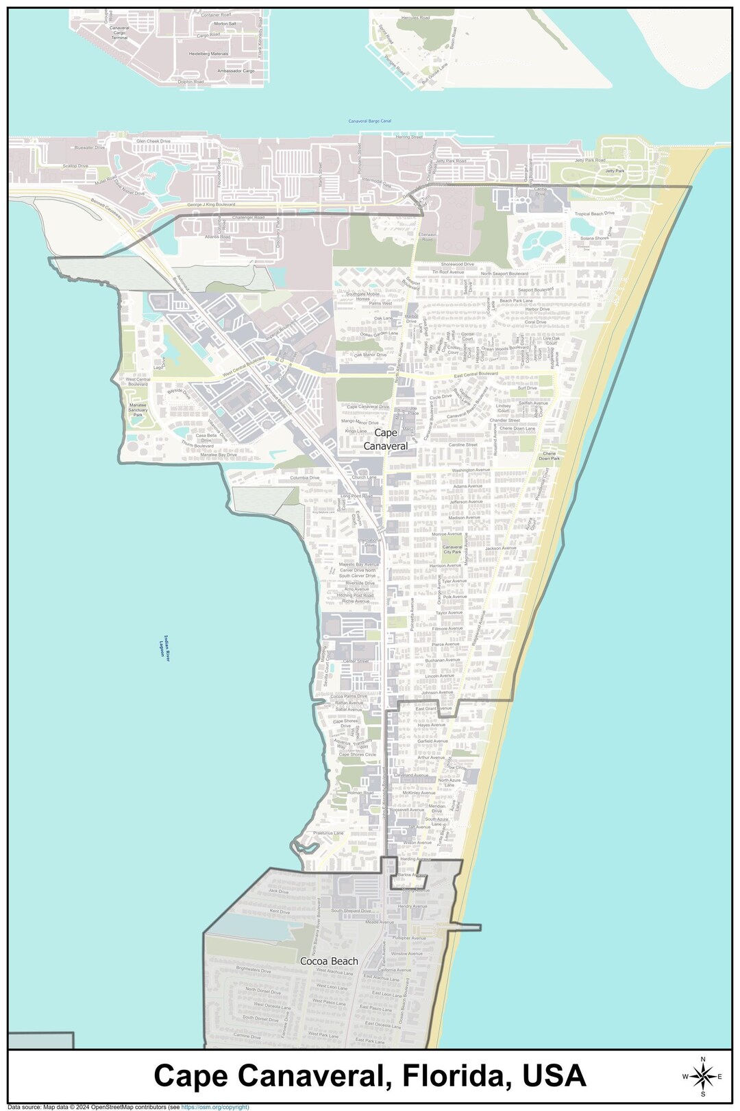 Cape Canaveral Florida Street Map | Digital Print Poster, 24x36 Inch Printable Map, Wall Art ...