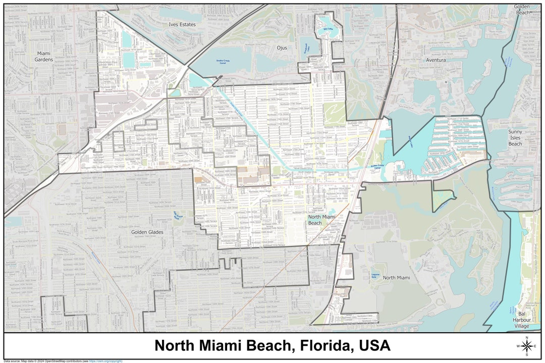 North Miami Beach Florida Street Map Digital Print Poster, 36x24 ...