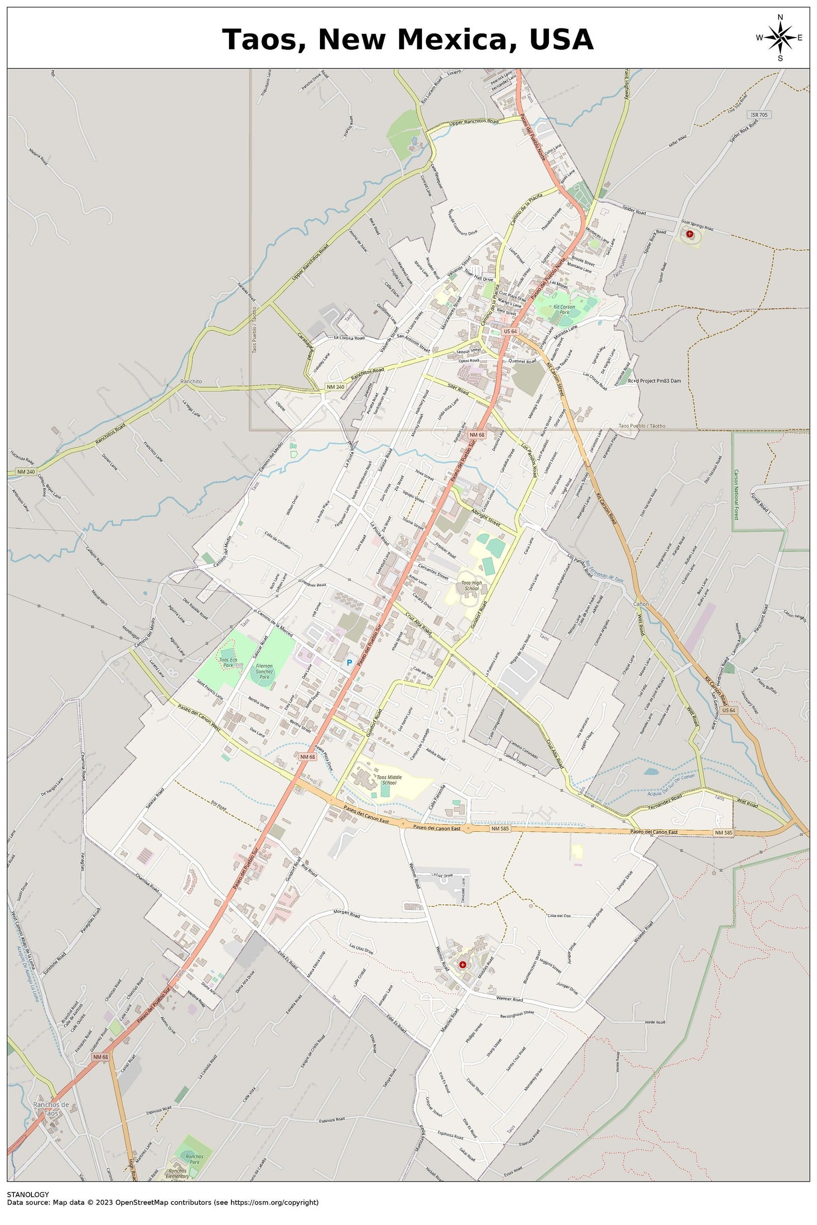 Taos New Mexico Map With STREET LABELS, Digital Print Poster, Printable ...