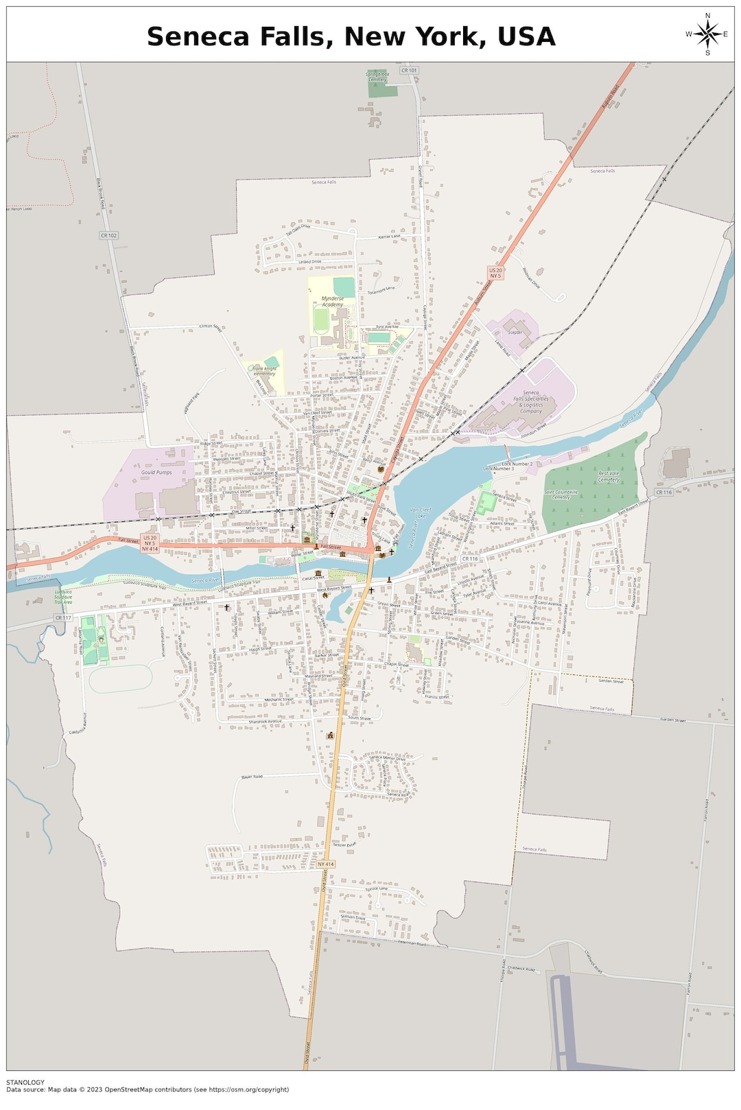 Seneca Falls, New York Map With STREET LABELS, Digital Print Poster ...