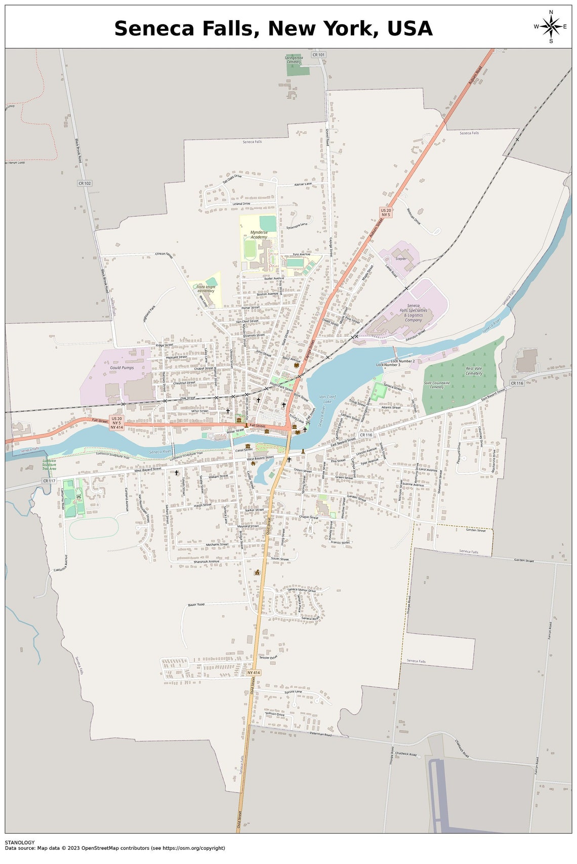 Seneca Falls, New York Map With STREET LABELS, Digital Print Poster ...