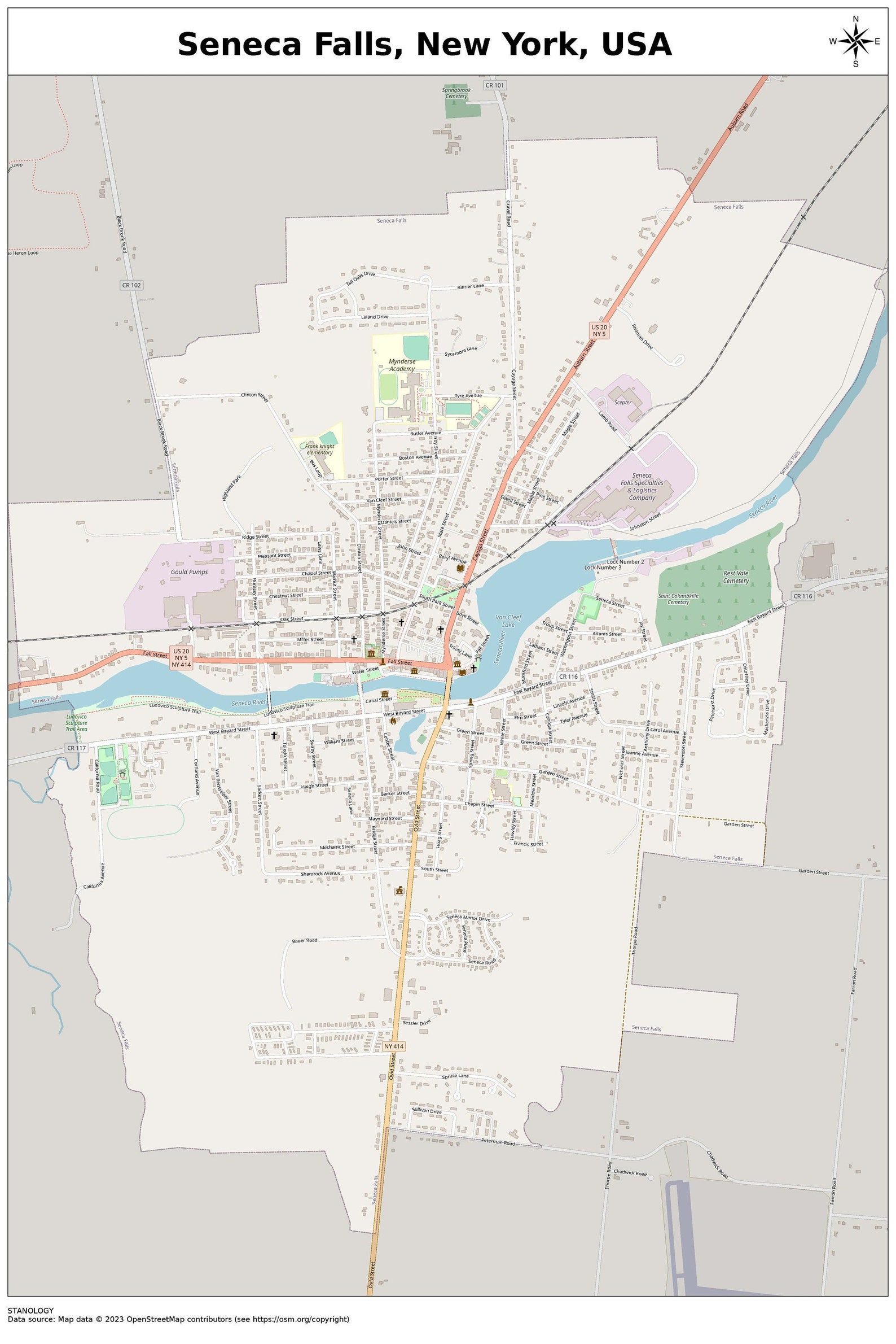 Seneca Falls, New York Map With STREET LABELS, Digital Print Poster ...