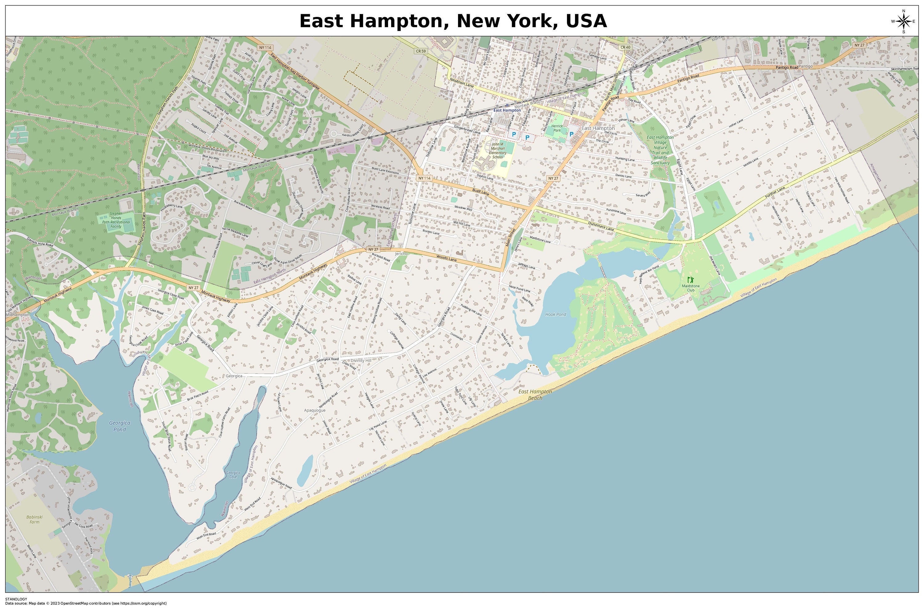 East Hampton, New York Map With STREET LABELS, Digital Print Poster ...