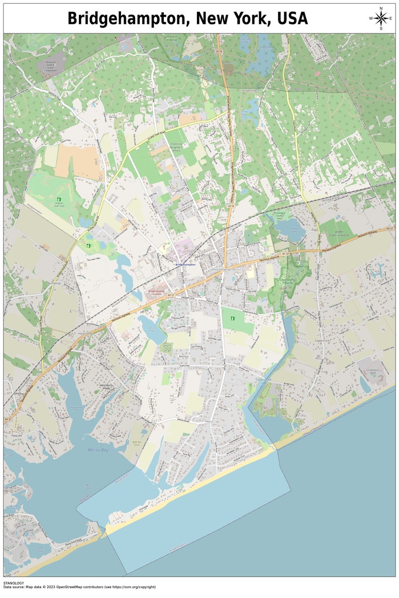 Bridgehampton, New York Map With STREET LABELS, Digital Print Poster ...