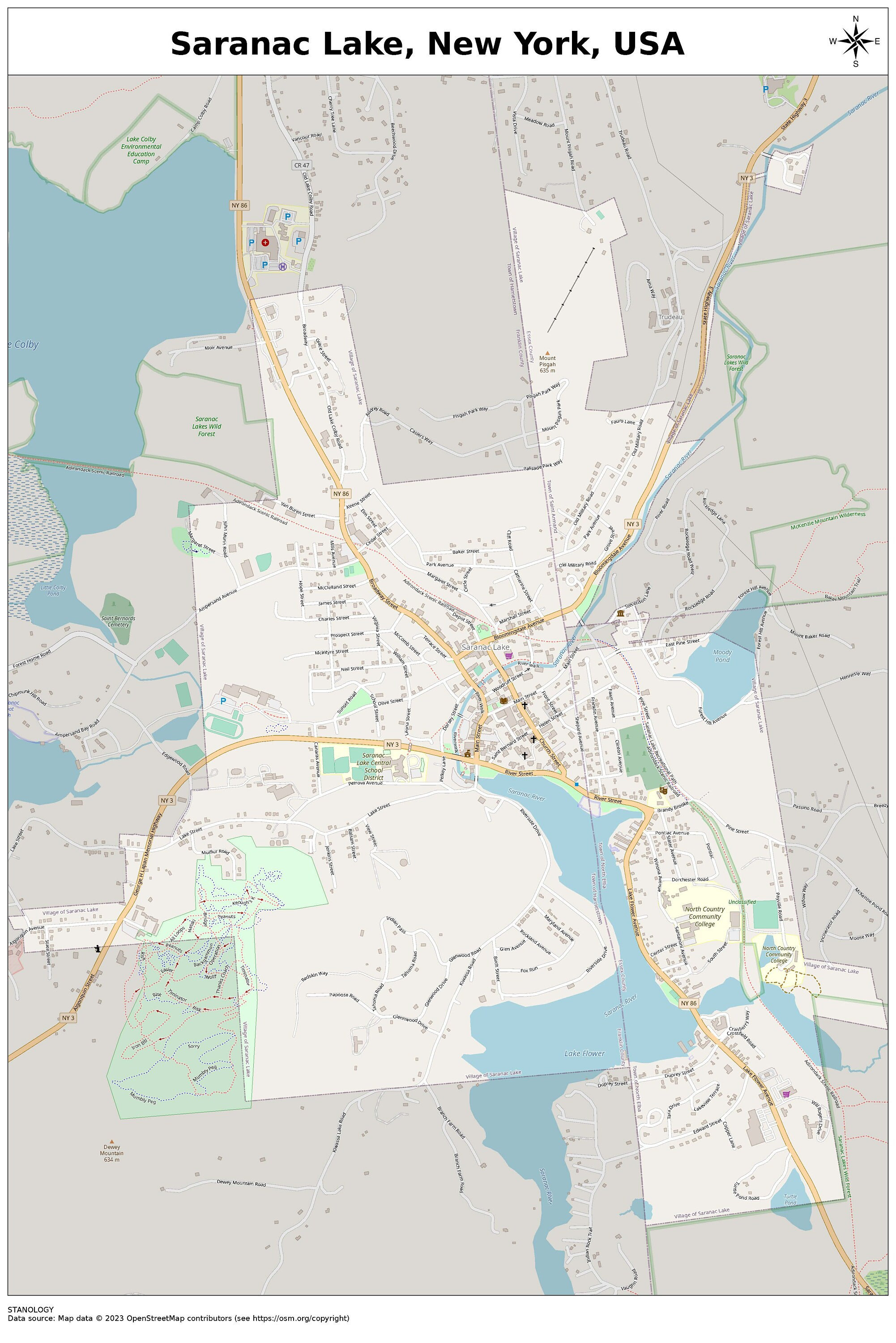 Saranac Lake, New York Map With STREET LABELS, Digital Print Poster ...