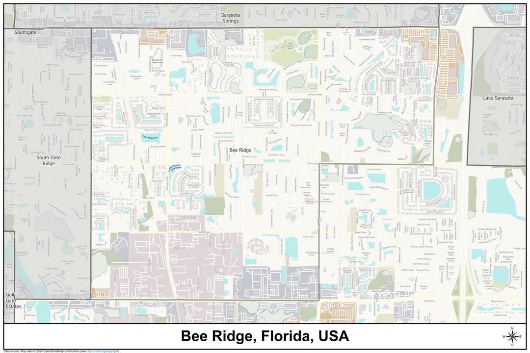 Bee Ridge Florida Street Map | Digital Print Poster, 36x24 Inch ...