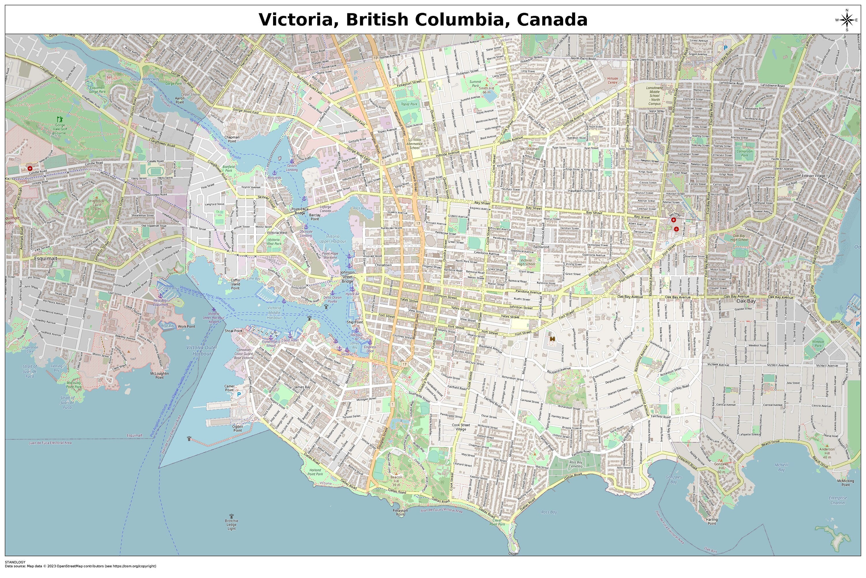 Victoria, British Columbia, Canada Map With STREET LABELS, Digital ...