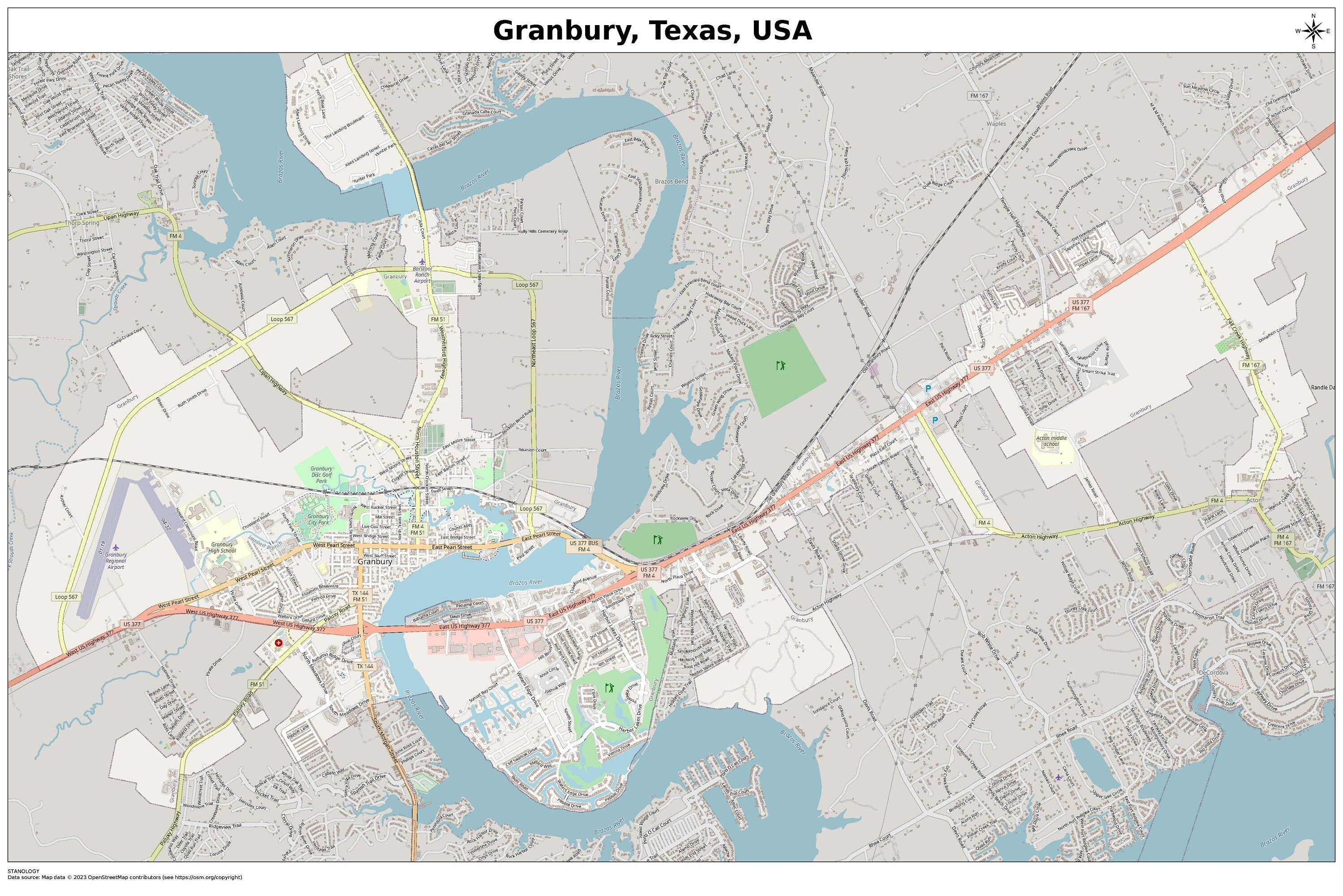 Granbury, Texas Map With STREET LABELS, Digital Print Poster, Printable Map, City Street Road ...