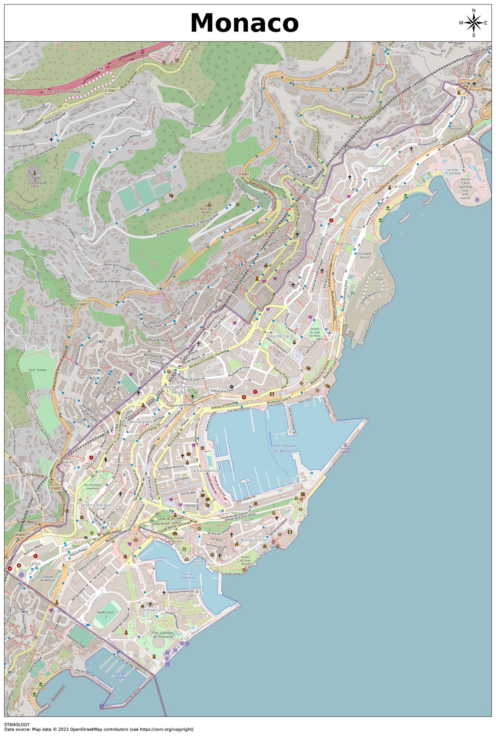 Principality of Monaco Map With STREET LABELS, Digital Print Poster ...