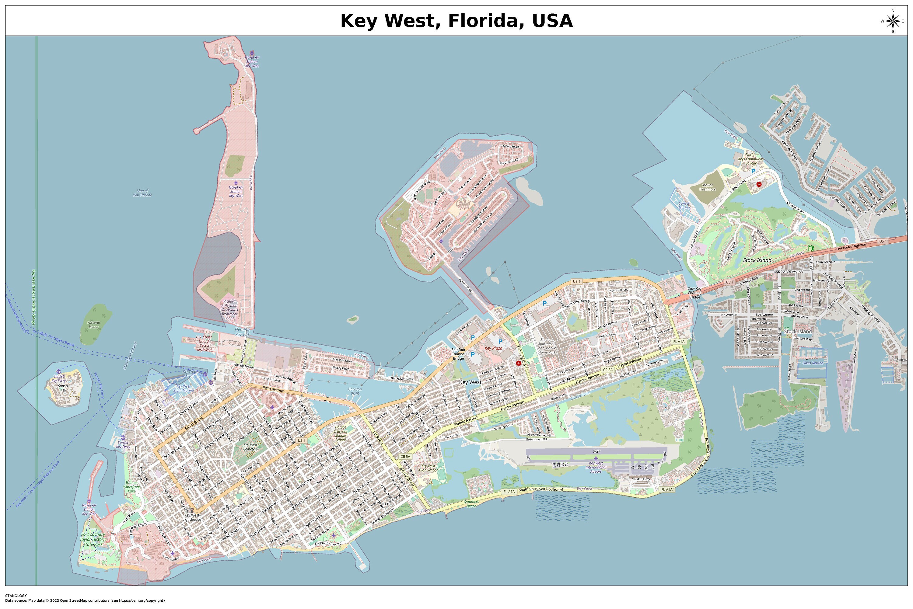 Key West Florida Map With STREET LABELS, Digital Print Poster ...
