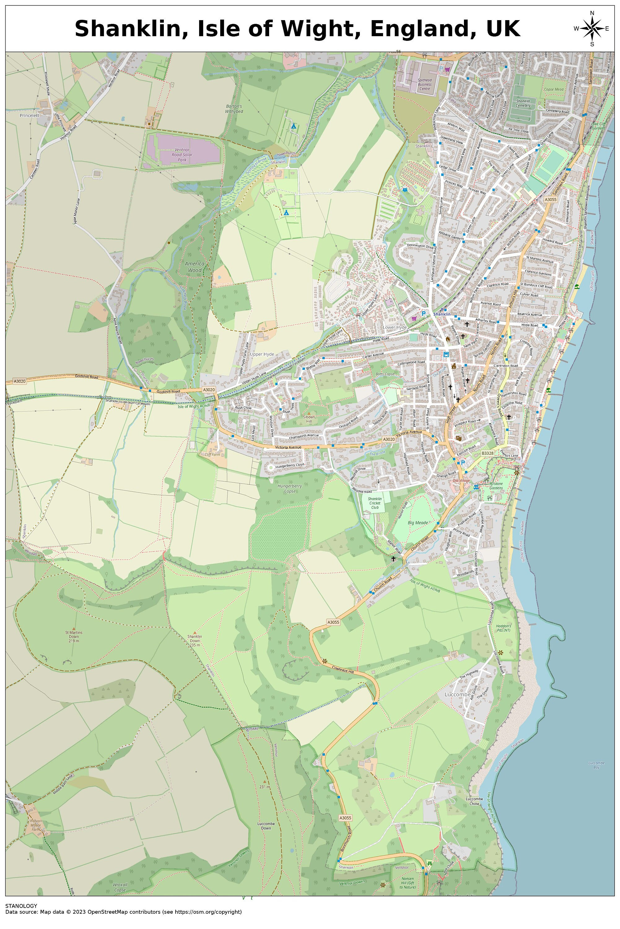 Shanklin, Isle of Wight, England Map With STREET LABELS, Digital Print ...