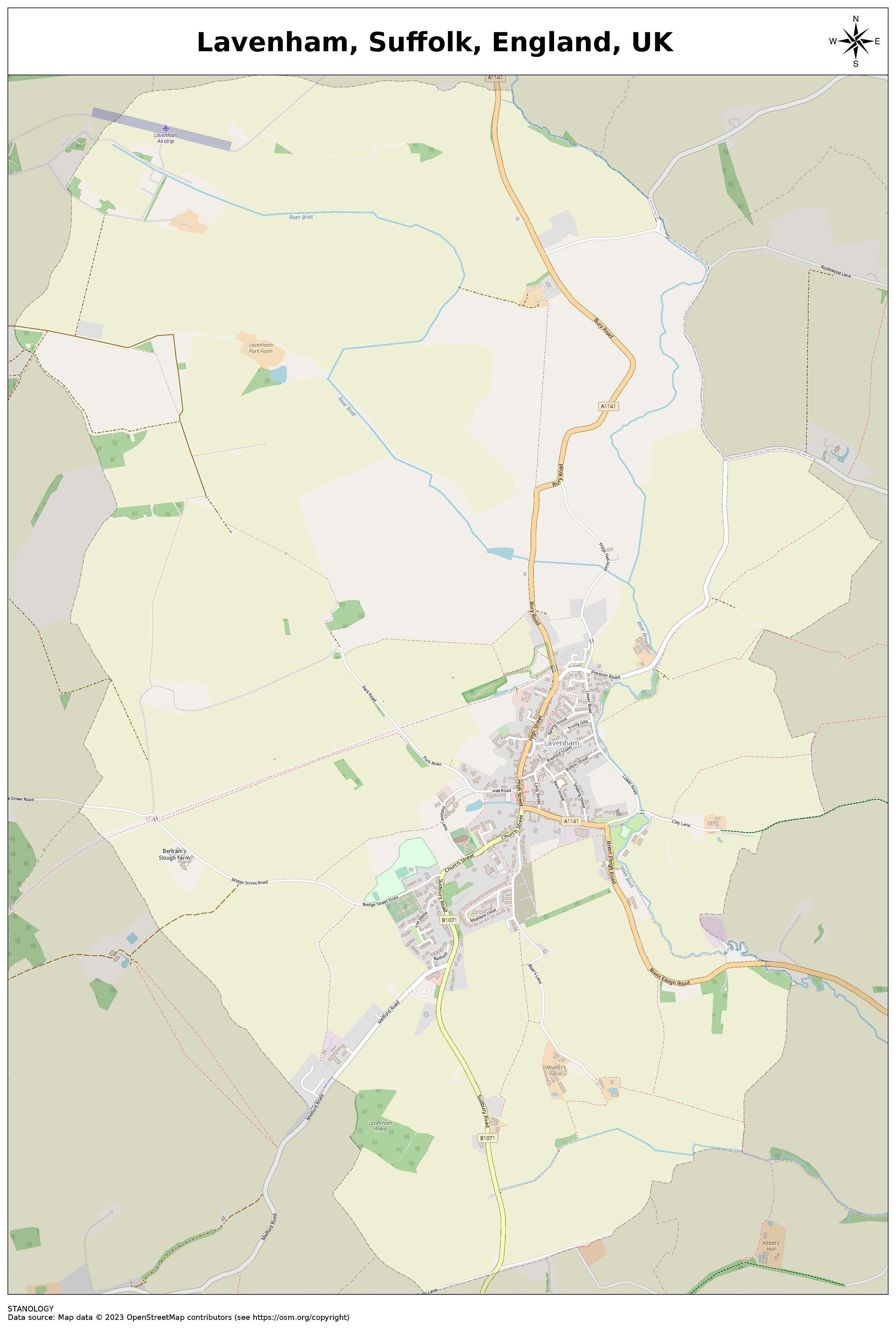 Lavenham, Suffolk, England Map With STREET LABELS, Digital Print Poster ...