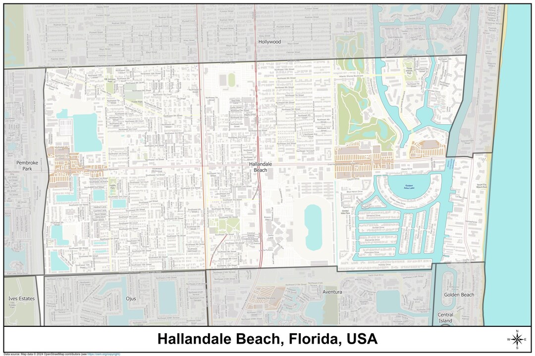 Hallandale Beach Florida Street Map Digital Print Poster, 36x24 ...