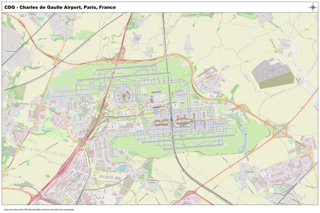 Charles De Gaulle Airport (CDG) Paris France Map | 36x24 Printable ...
