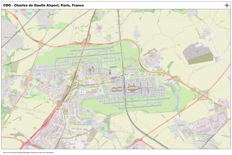 Charles De Gaulle Airport (CDG) Paris France Map | 36x24 Printable ...