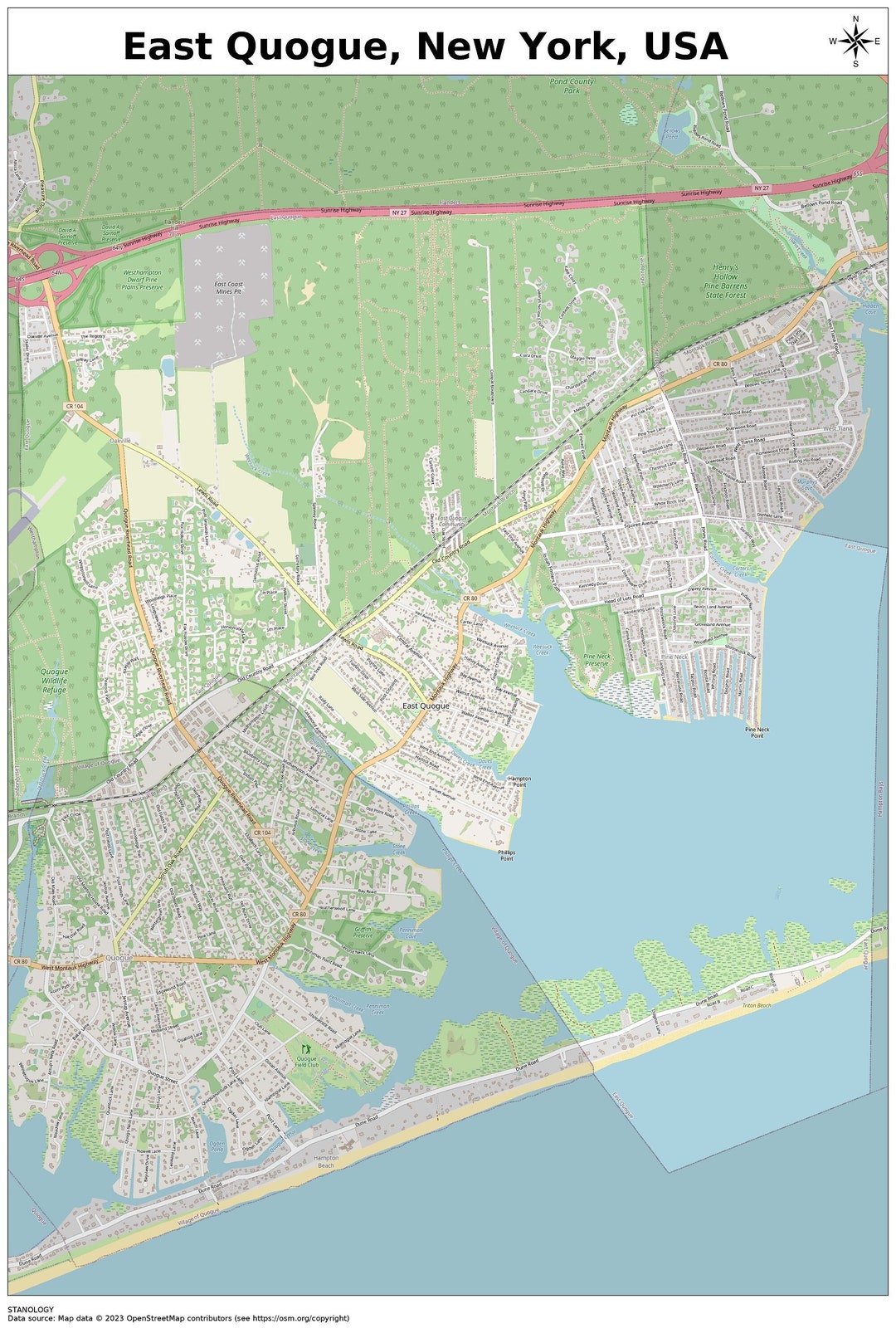 East Quogue, New York Map With STREET LABELS, Digital Print Poster, Printable Map, City Street ...