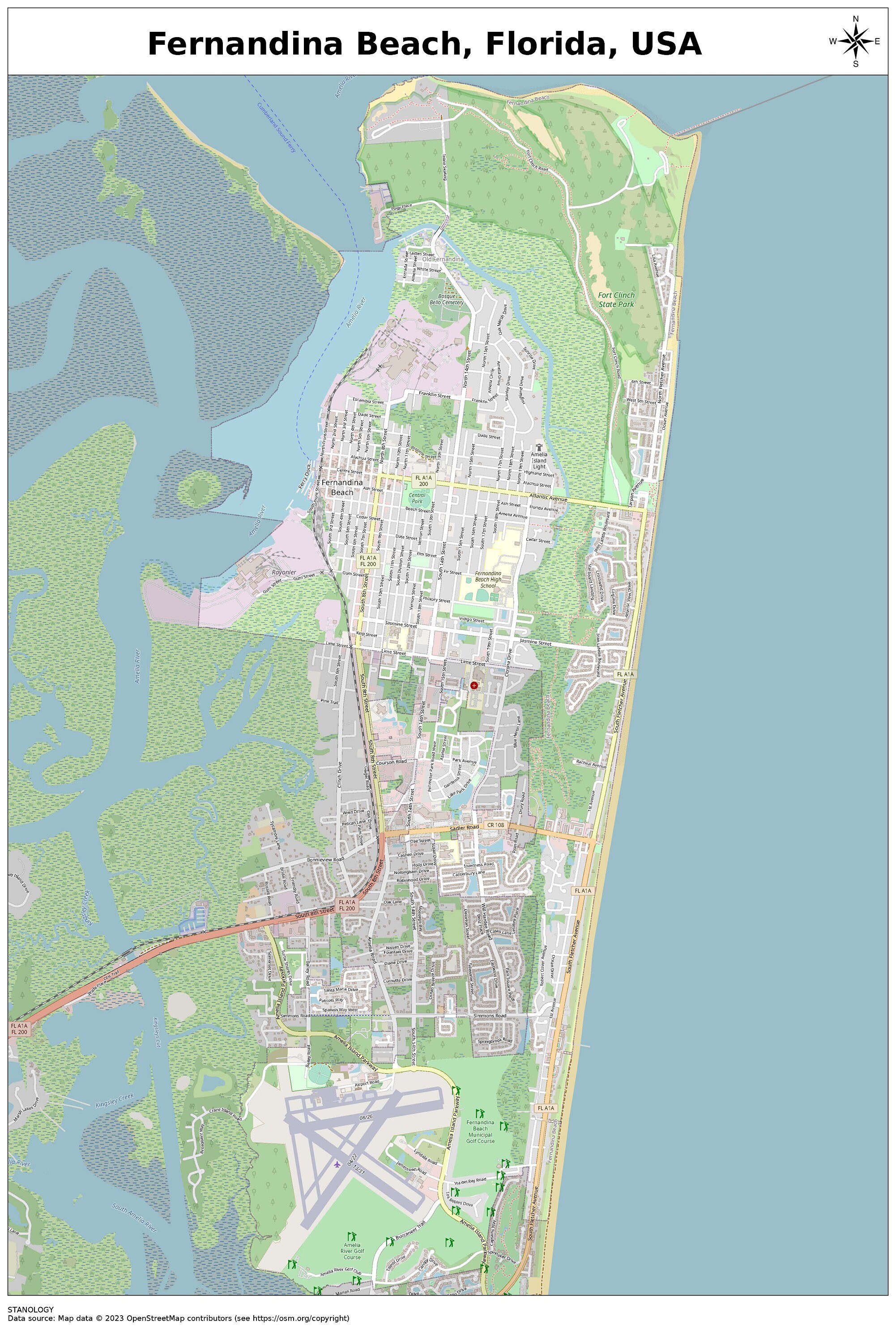 Fernandina Beach, Florida Map With STREET LABELS, Digital Print Poster ...