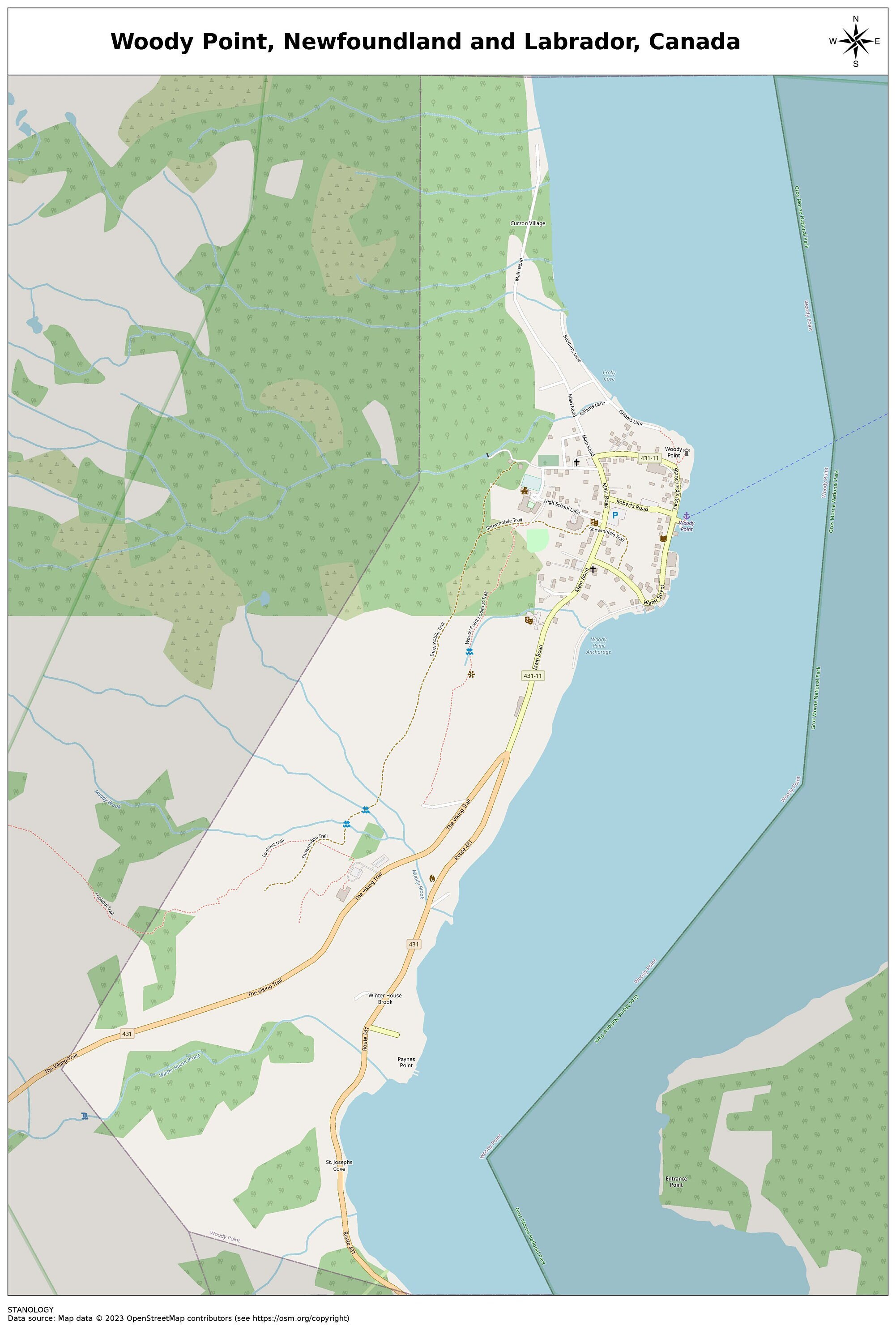 Woody Point, Canada Map With STREET LABELS, Digital Print Poster ...