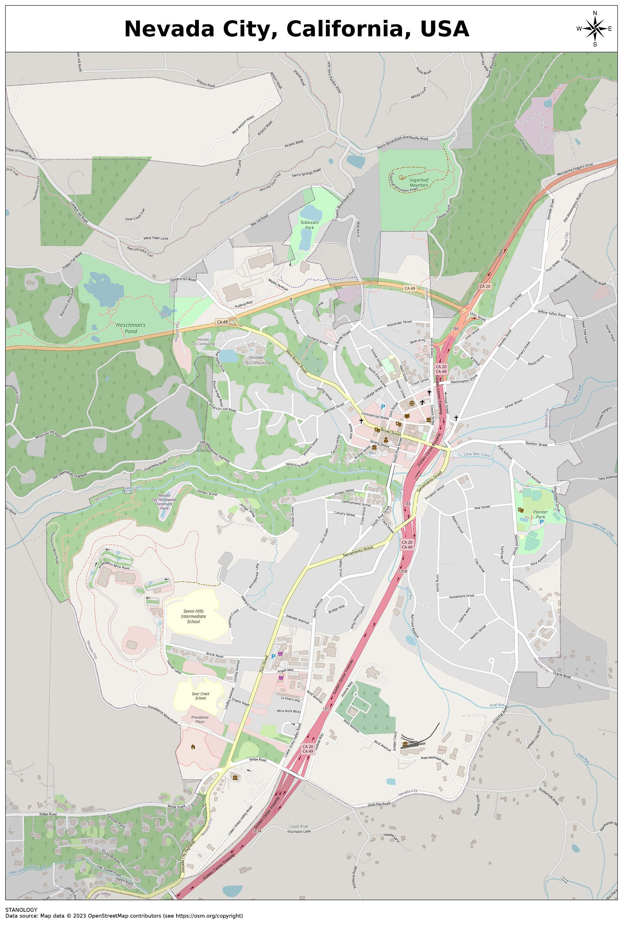 Nevada City, California Map With STREET LABELS, Digital Print Poster ...