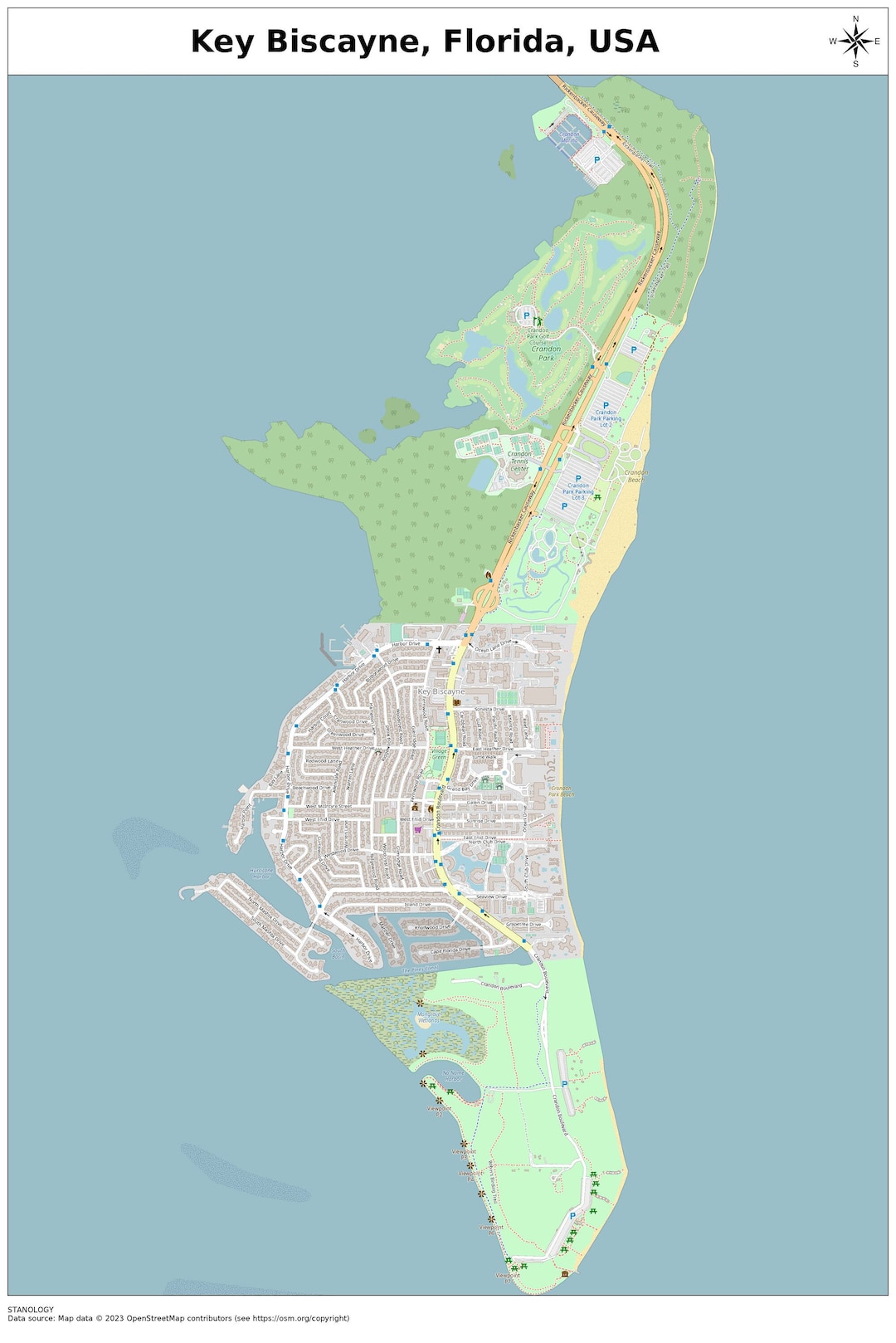 Key Biscayne, Florida Map With STREET LABELS, Digital Print Poster ...