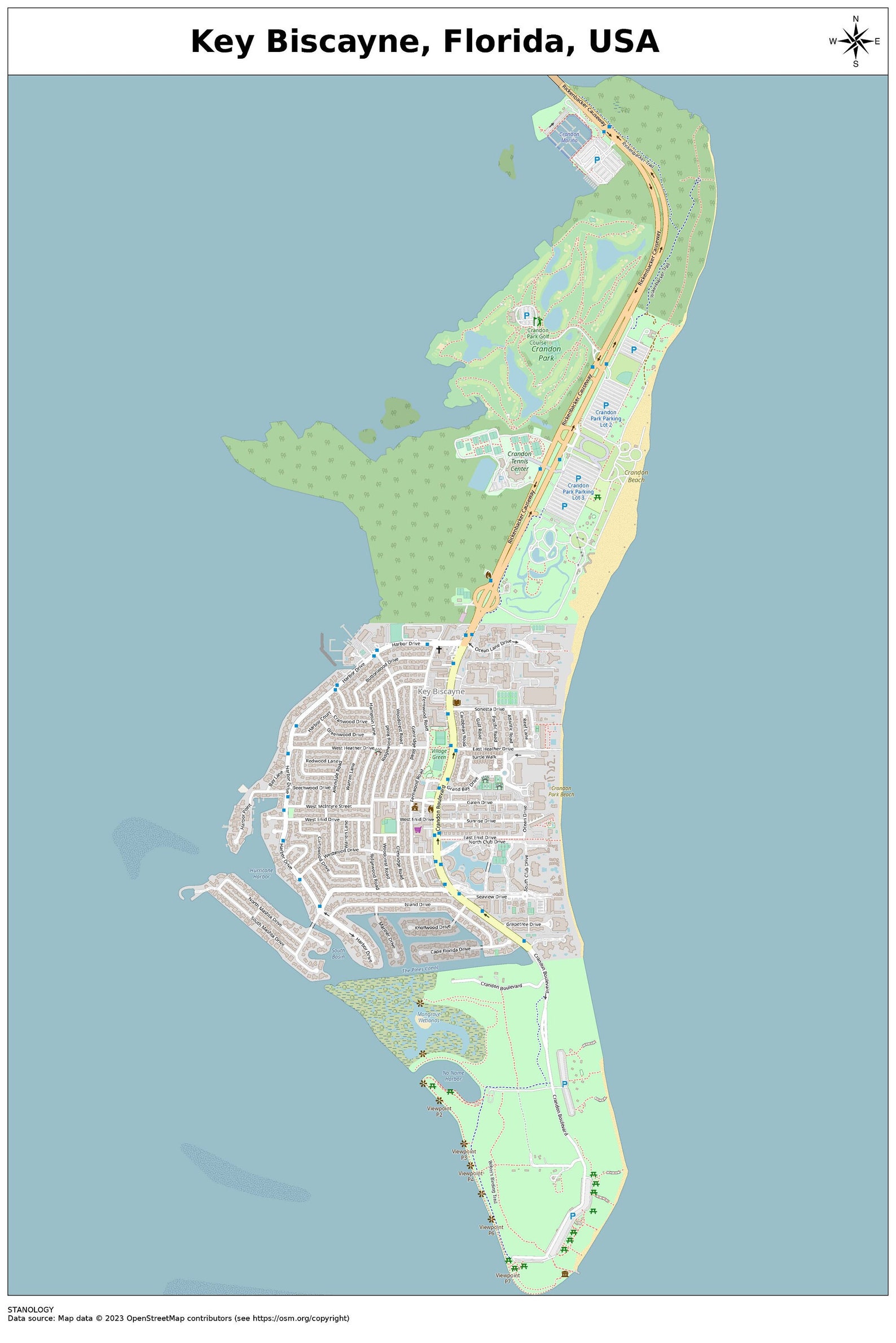 Key Biscayne, Florida Map With STREET LABELS, Digital Print Poster ...