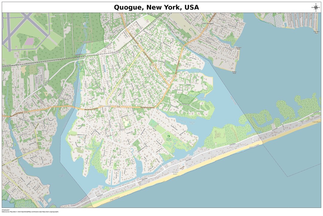Quogue, New York Map With STREET LABELS, Digital Print Poster ...