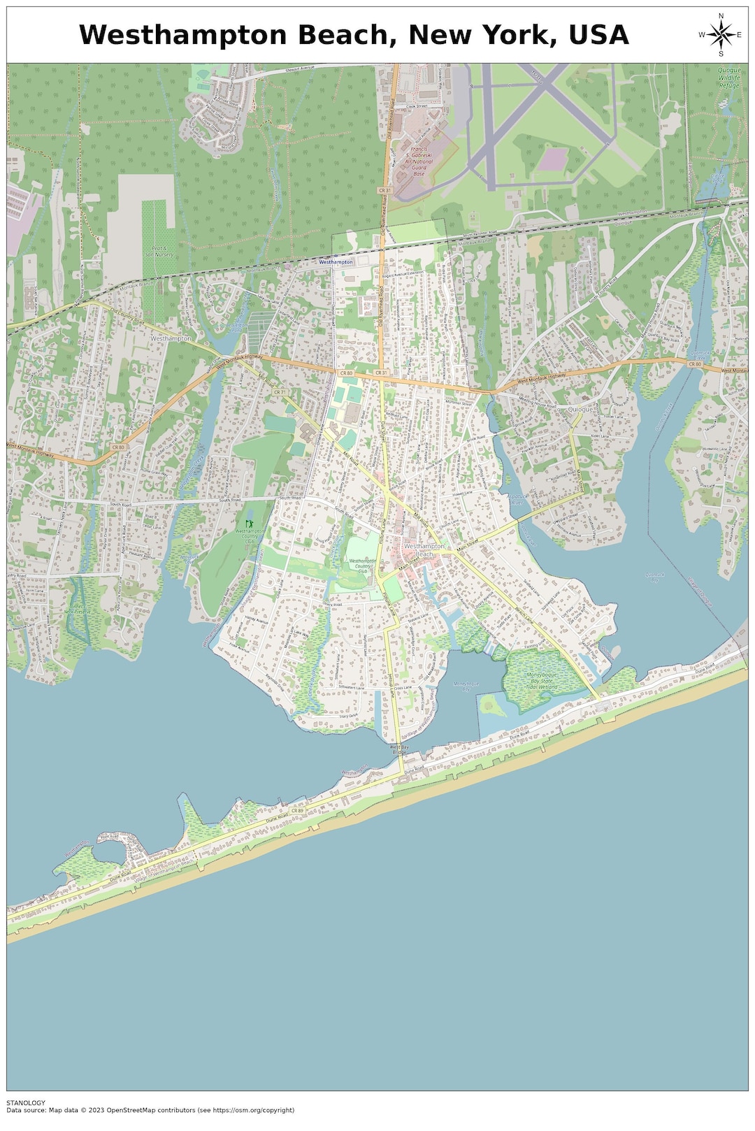 Westhampton Beach, New York Map With STREET LABELS, Digital Print ...