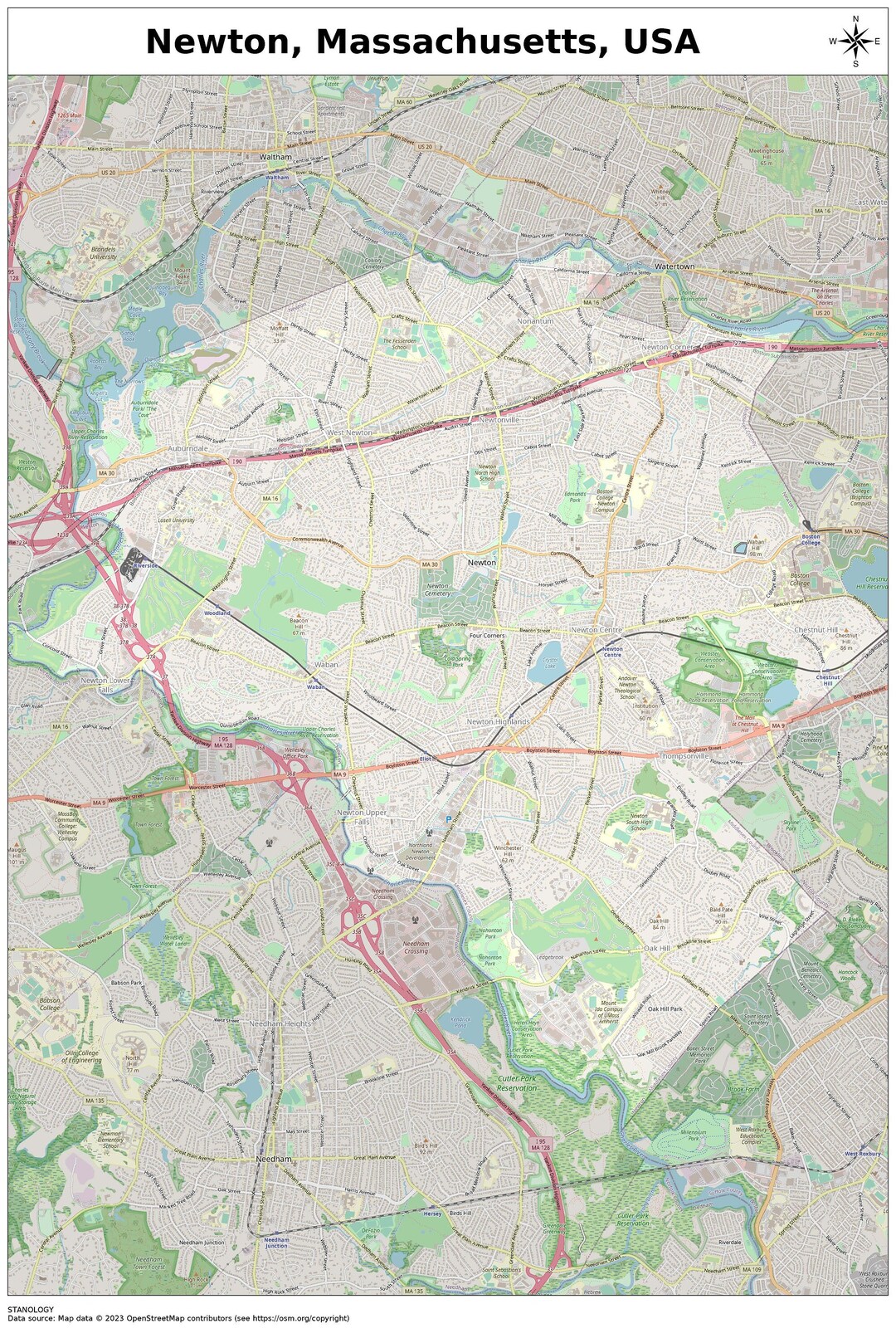 Newton Massachusetts Map With STREET LABELS Digital Print - Etsy