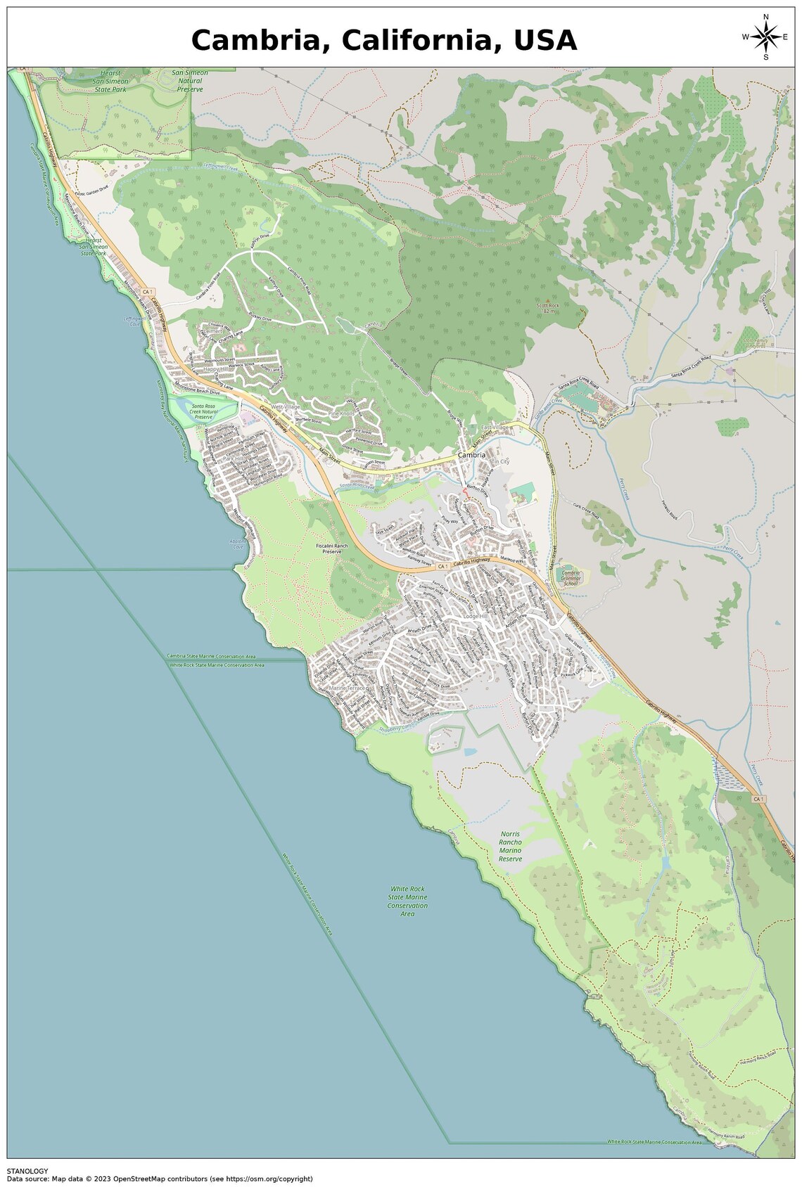 Cambria, California Map With STREET LABELS, Digital Print Poster ...