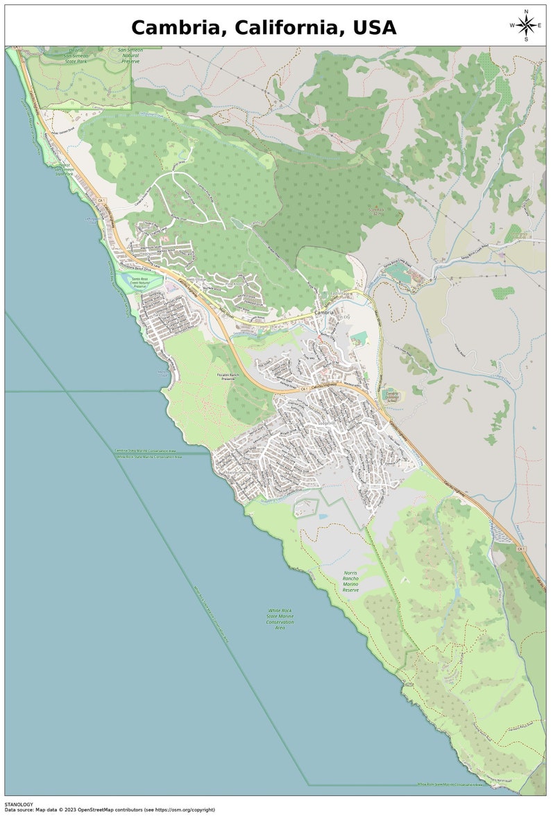 Cambria, California Map With STREET LABELS, Digital Print Poster ...