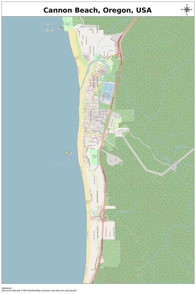 Cannon Beach Oregon Map With STREET LABELS, Digital Print Poster ...