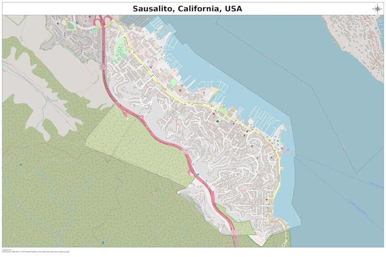 Sausalito, California Map With STREET LABELS, Digital Print Poster ...