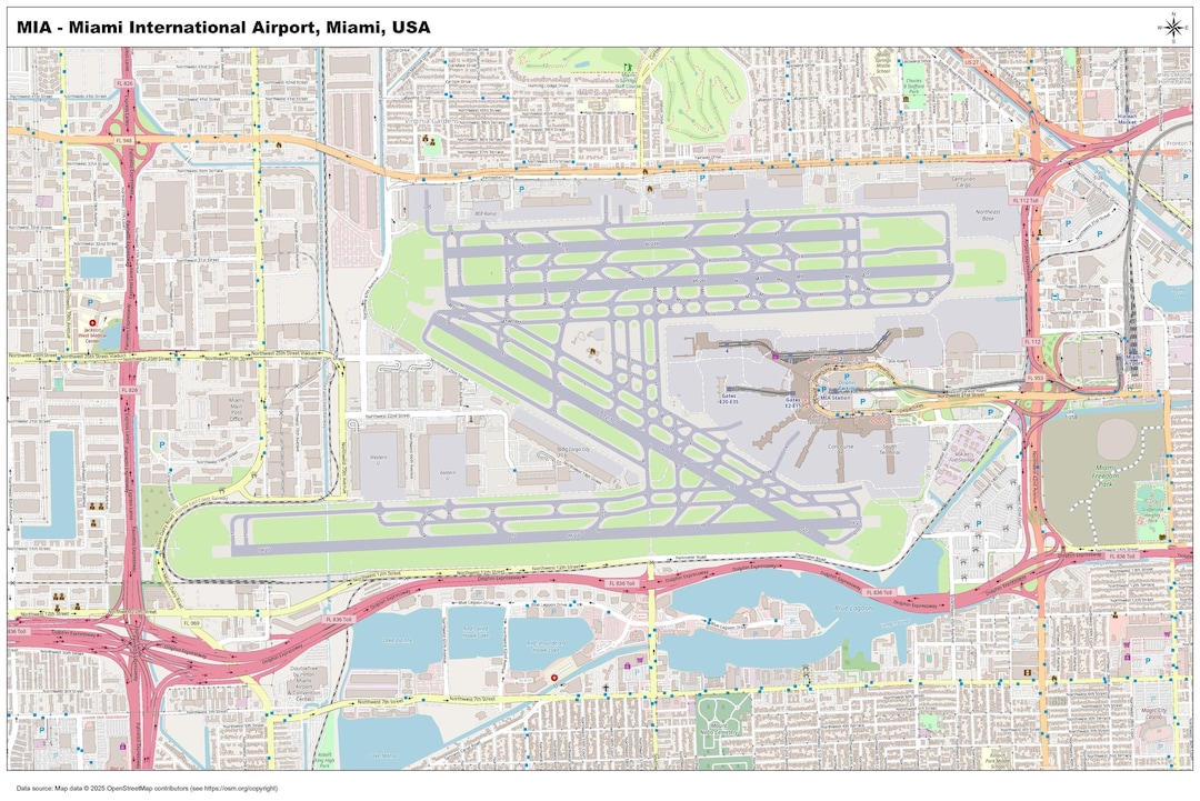 Miami International Airport (MIA) USA Map | 36x24 Printable Airport ...