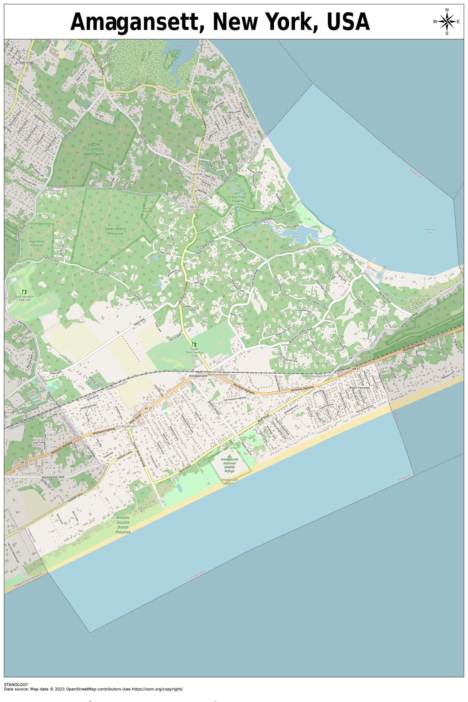 Amagansett, New York Map With STREET LABELS, Digital Print Poster ...