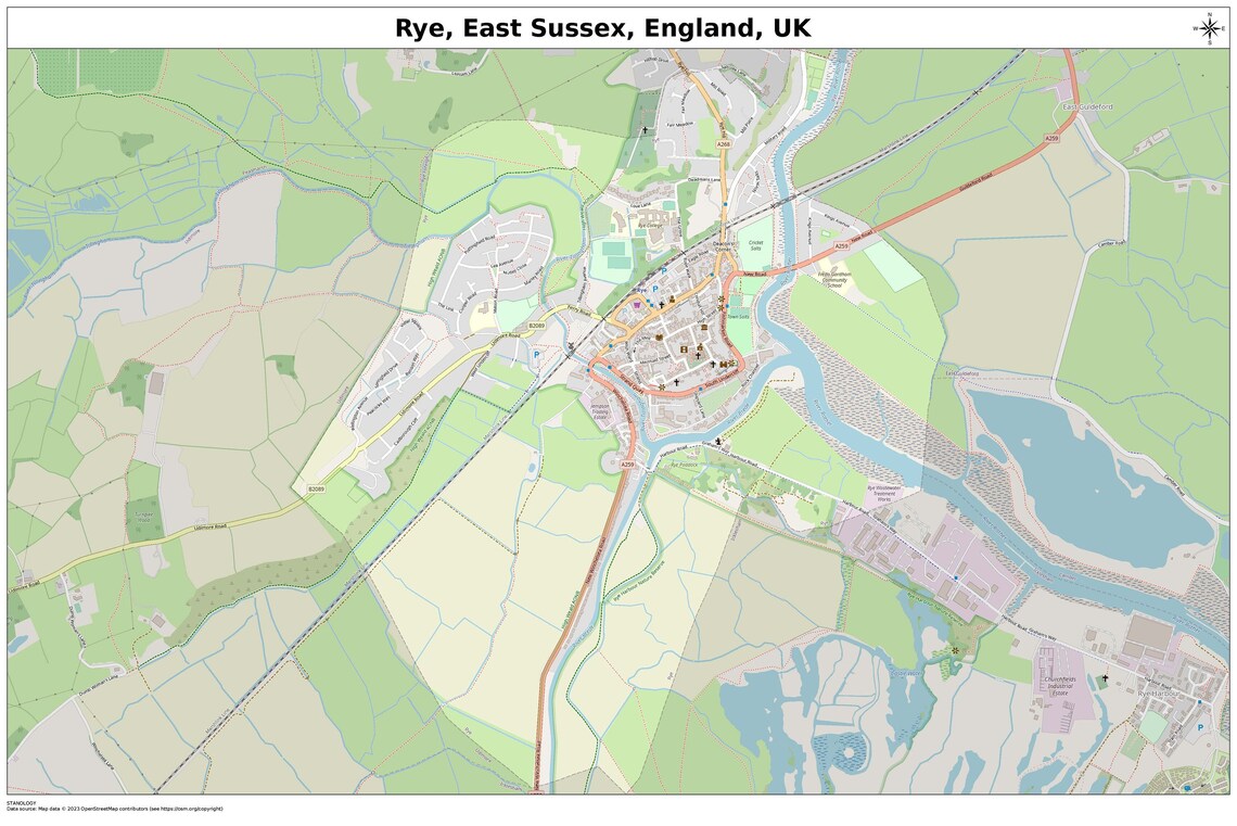 Rye, East Sussex, England Map With STREET LABELS, Digital Print Poster ...