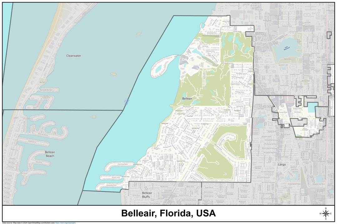 Belleair Florida Street Map | Digital Print Poster, 36x24 Inch ...