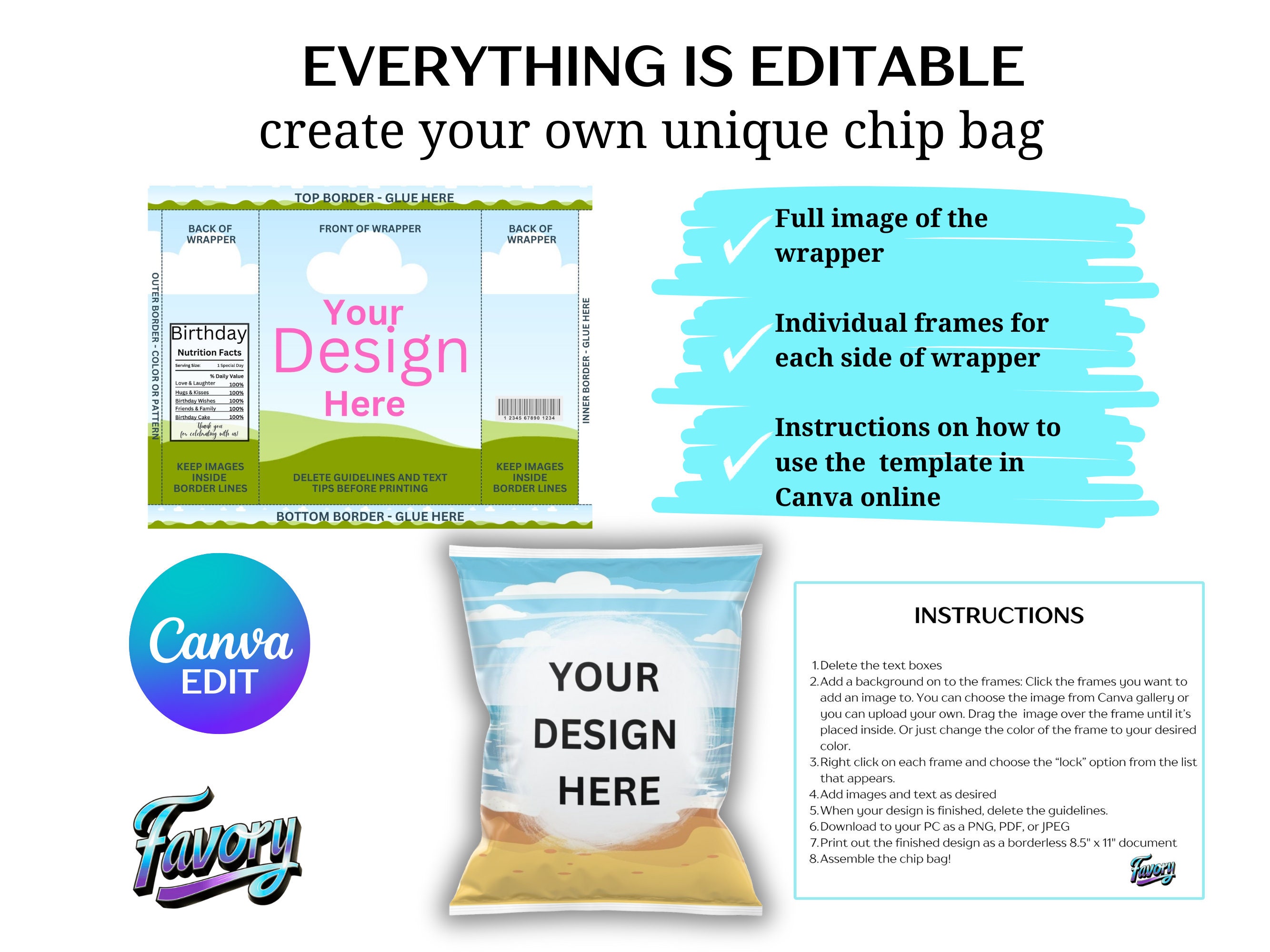 Chip Bag Template, Digital Template, 100% Editable Chip Bag Template ...