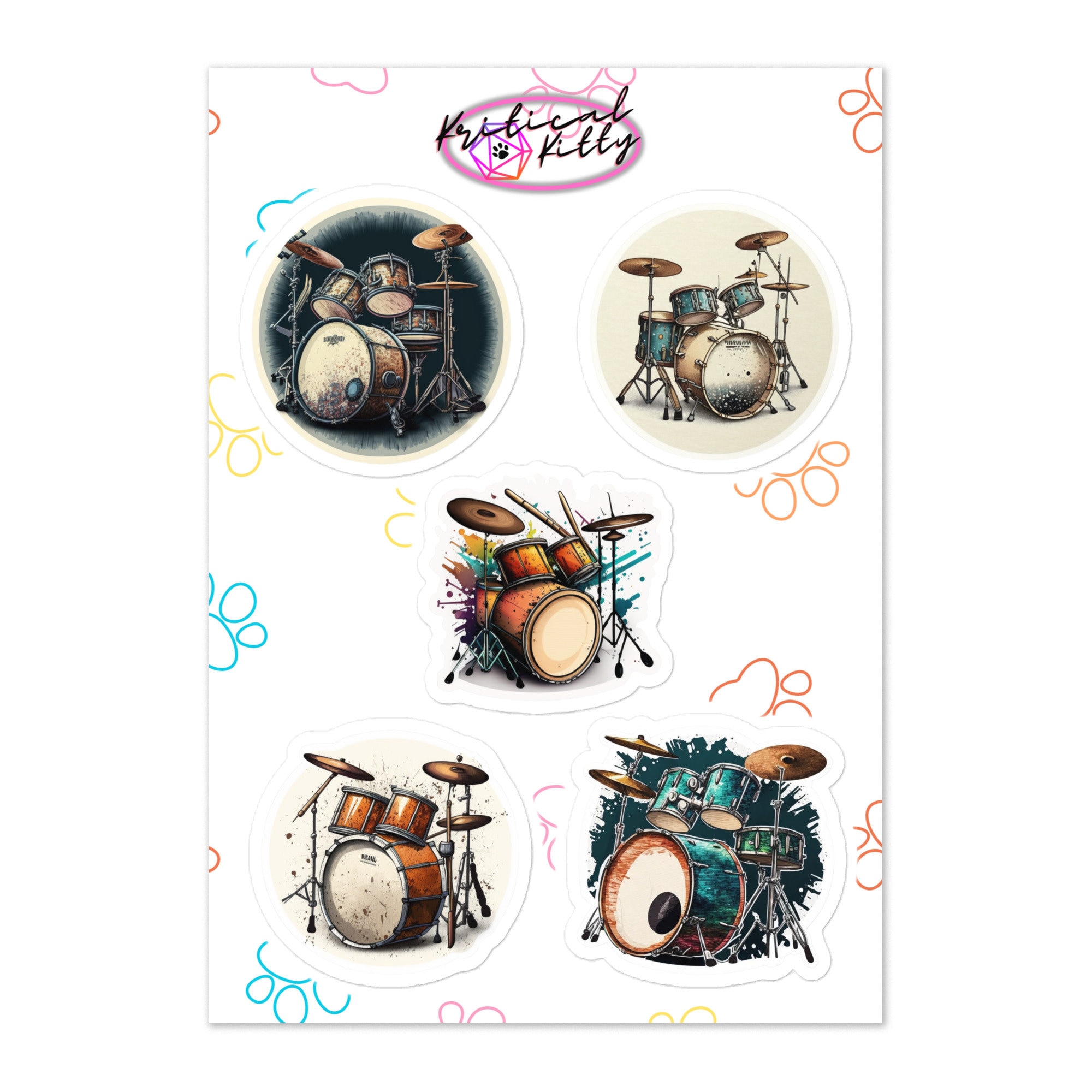 Drumset Stickers | 5 Sticker Sheet | Music Lover's Stickers | Drum Set ...