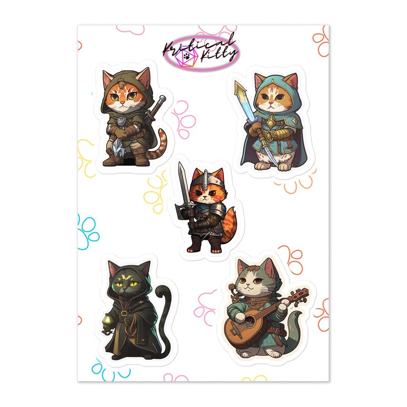 D&D Cats 5 Sticker Sheet Kritical Kitty Cleric Warrior Ranger Druid ...