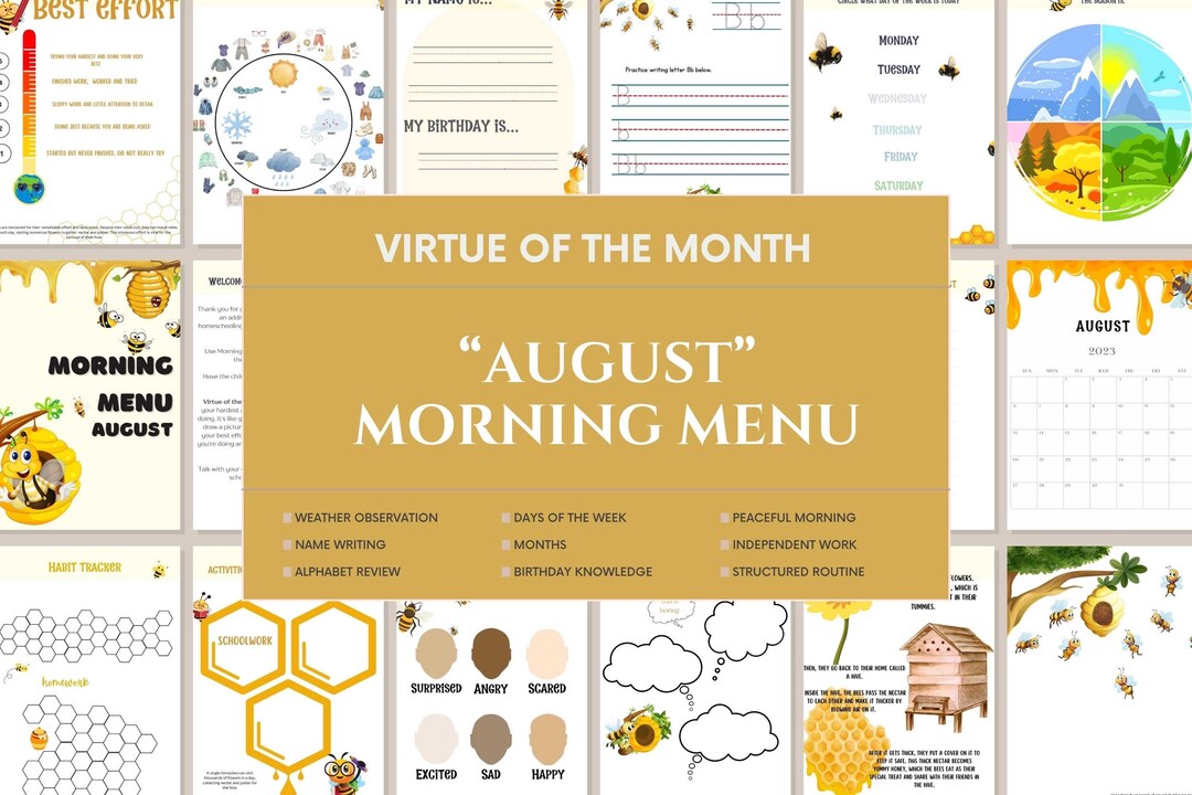 August Homeschool Morning Menu: Calendar, Weather, Virtue Study (PDF ...