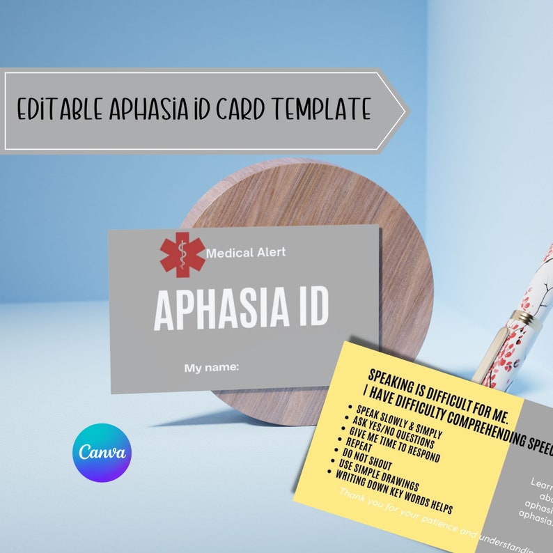 Aphasia ID Card EDITABLE Printable Digital Identification Card Patient ...
