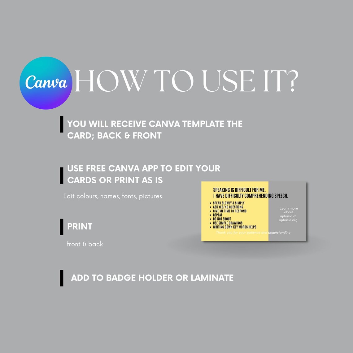 Aphasia ID Card EDITABLE Printable Digital Identification Card Patient ...