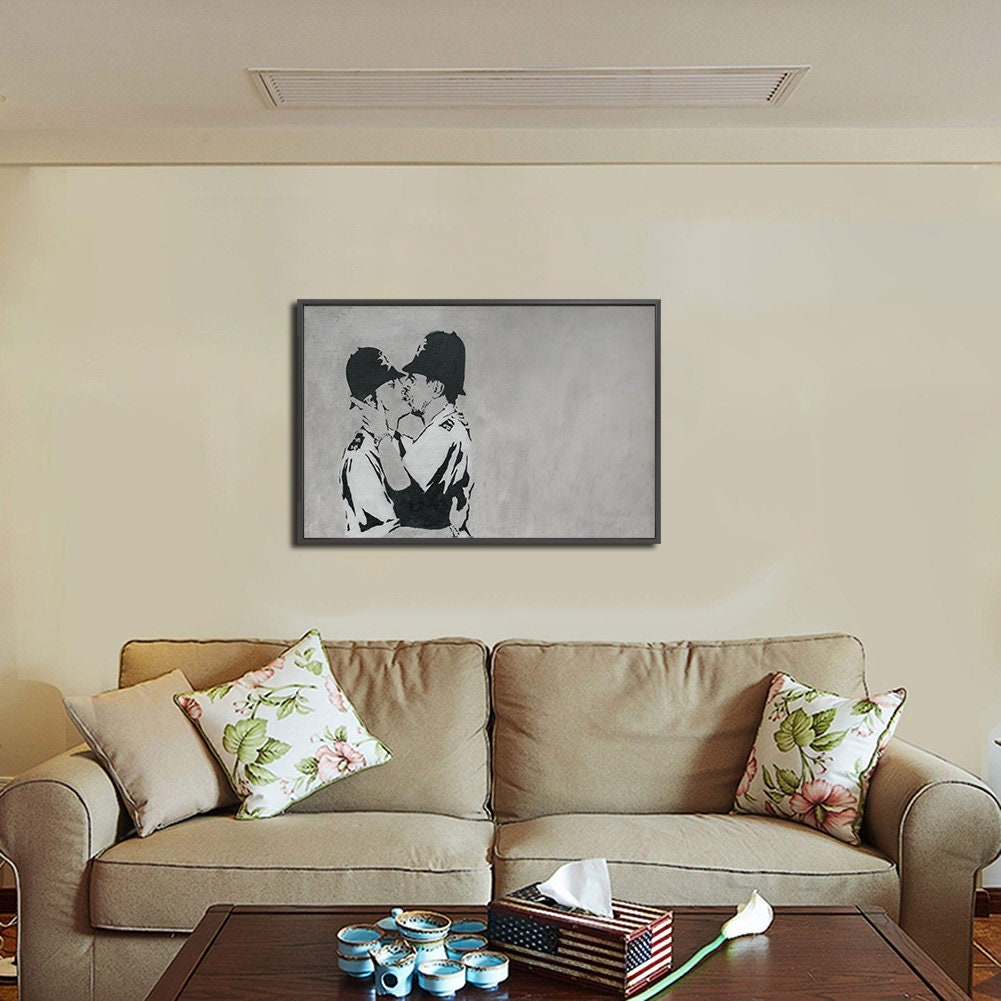 Banksy Kissing Cops Wall Art Banksy Graffiti Paintings Framed Canvas ...