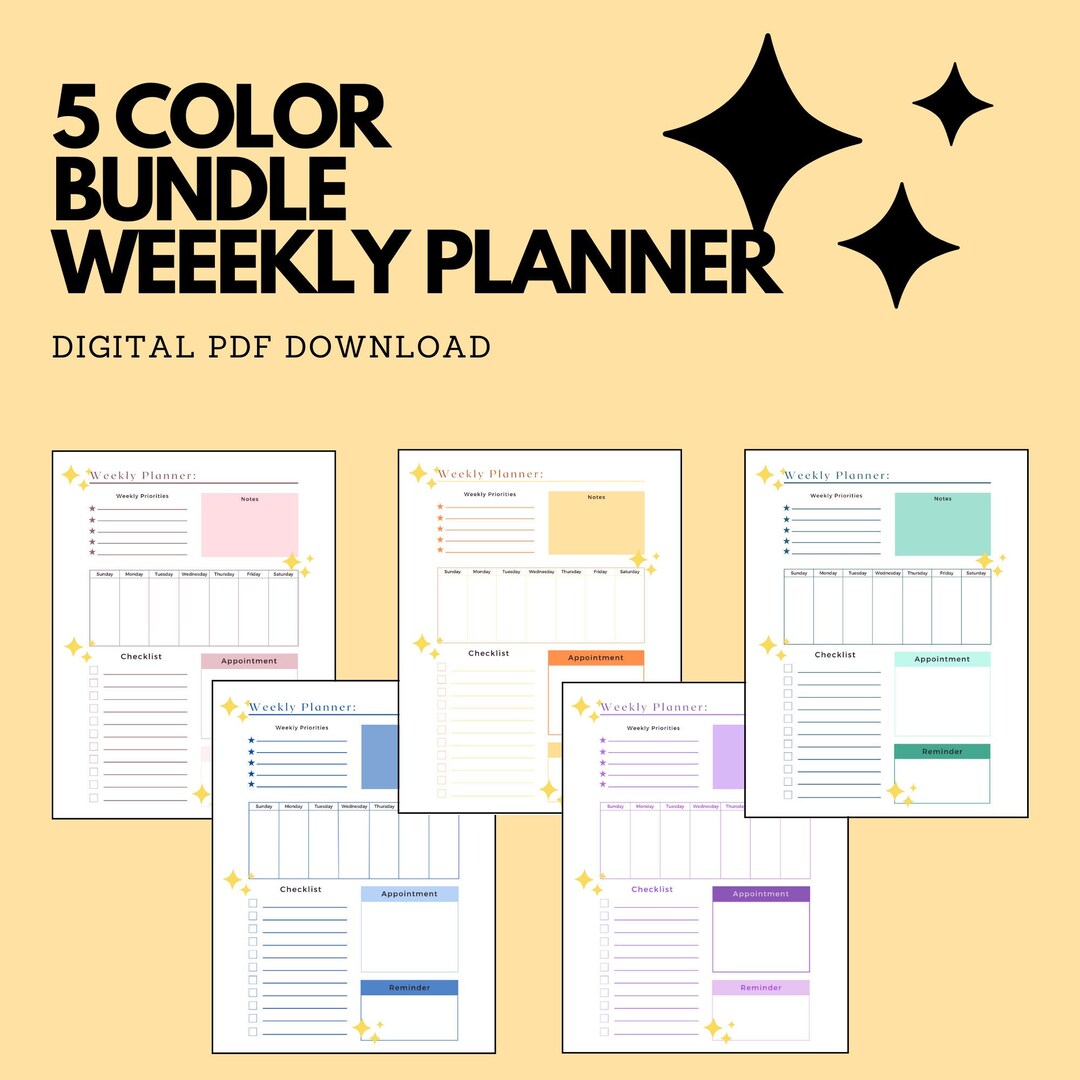 Rainbow Printable Weekly Planner Set of 5 Colors Yellow Star - Etsy