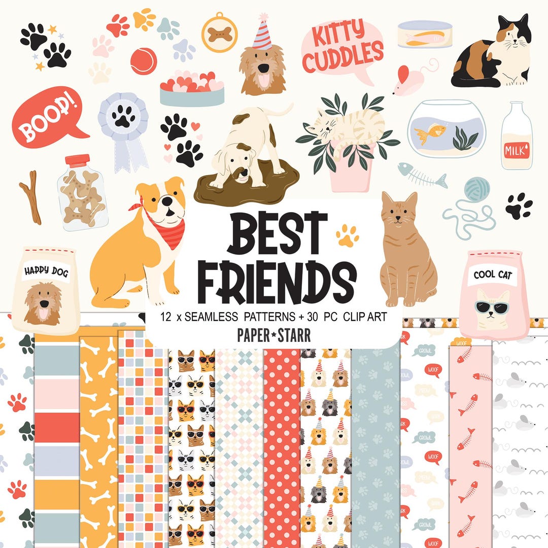 Best Friends Cat Dog Clipart Bundle, Digital Paper for Scrapbooking ...