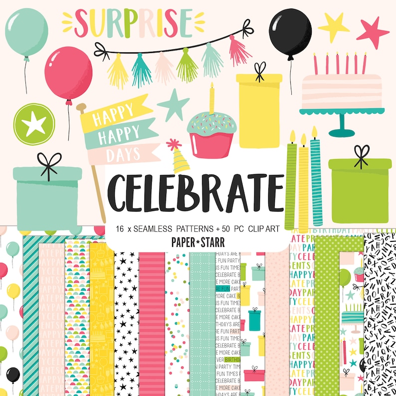 Birthday Digital Paper and Birthday Clipart Set, Party Invitation ...
